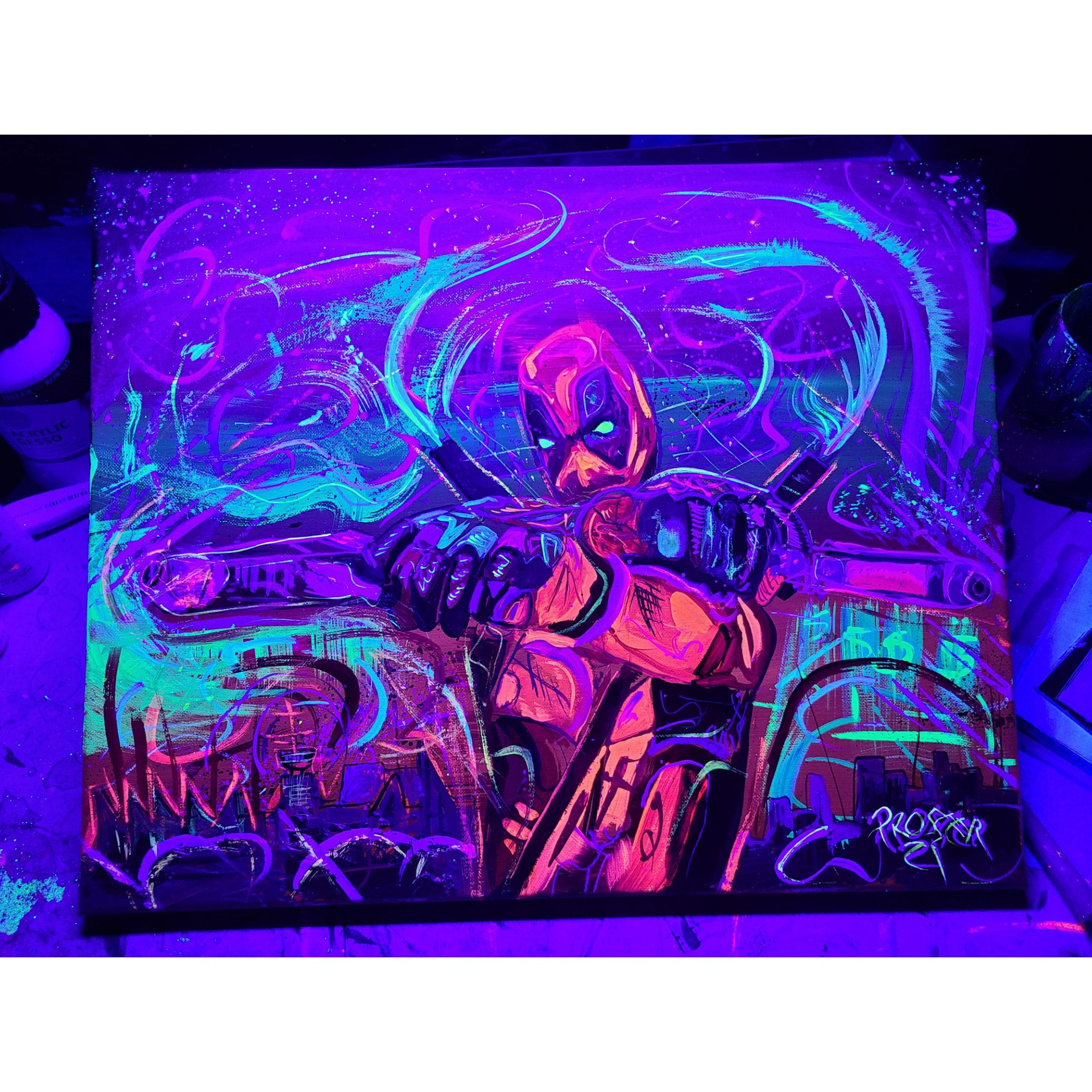 Deadpool Blacklight 20" by 16" Xmen Series UV reactive painting w ...